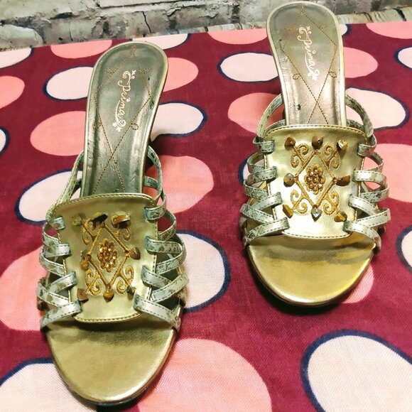 Prima | Shoes | Prima Goldsliver Slide Sandals Wwedge Heels Size M ...